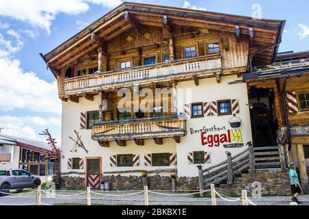 Tux, Austria - August 11, 2019: Entrance to the Berggasthaus Eggalm ...