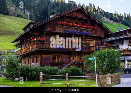 Lanersbach, Austria - August 11, 2019: View of Traditional Tyrolean ...