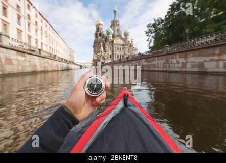 Kayaker with compass in historic site of Saint-Petersburg, Russia Stock ...