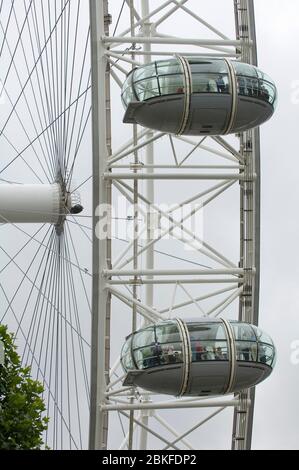 A closeup shot of part of the London Eye or Millenium Wheel on a cloudy day in London with old ...