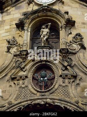 The Holy Sebastian. Saint Sebastian, tied to a tree, arrows in his body ...