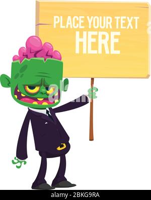 Cartoon zombie holding wooden sign. Vector illustration. Isolated on ...