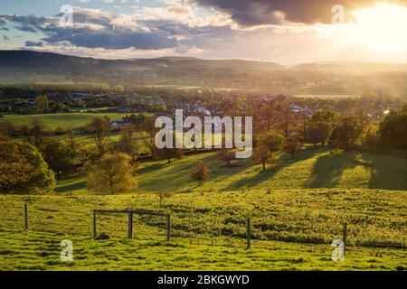 Autumnal view over the village of Wrington and the Mendip Hills beyond ...