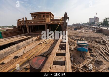 India, Gujarat State, Mandvi, shipyards, elevated view at night on a ...