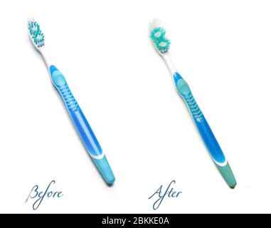 Old and used toothbrush comparison side by side with text before and ...