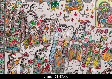 Kamala Puja scene by Dulari Devi, modern Bhavani painting, Bihar Museum ...