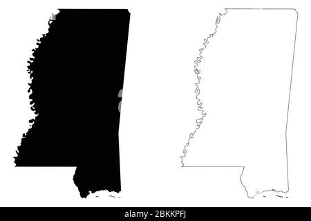 Mississippi MS state Maps. Black outline map isolated on a white ...