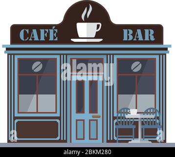 Storefront cafe flat vector. building faces a street with a bench ...