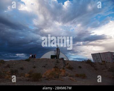 HIKO, NEVADA - JULY 22, 2018: A tall metal alien sculpture greets ...