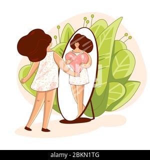 Hug self in mirror. Woman model hugging own reflection, esteem accept ...