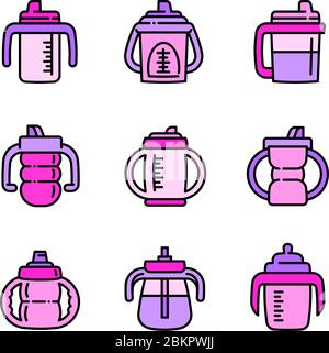 Sippy cup icons set. Outline set of sippy cup vector icons for web ...