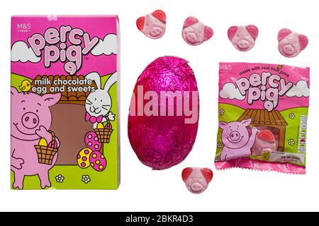 M&S Percy Pig milk chocolate egg and sweets removed from box isolated on white background ...