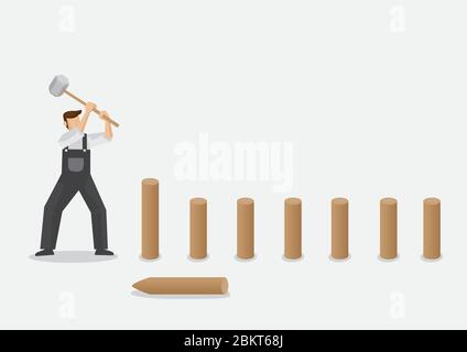 Cartoon builder swinging a post maul to drive pointed wood fence posts ...