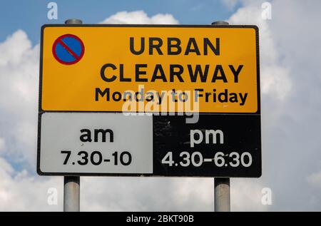 Roadside sign indicating urban clearway at Birkenhead Wirral August ...