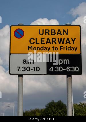 Roadside sign indicating urban clearway at Birkenhead Wirral August ...