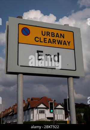 Roadside sign indicating urban clearway at Birkenhead Wirral August ...