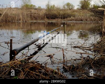 Freshwater angling with rods beside a lake mist morning Stock Photo - Alamy