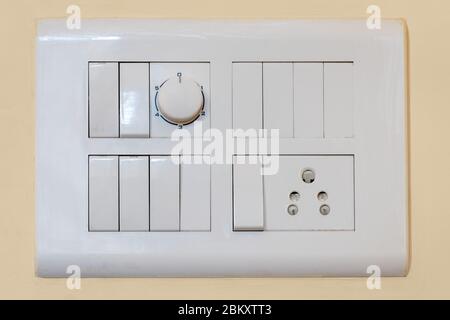 Modern modular switchboard with on/off switch, 3 pin sockets and fan ...