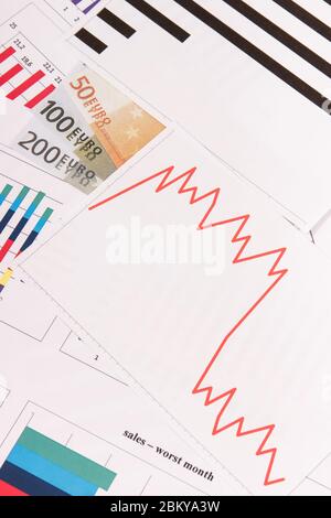 Currencies euro and declining chart. Risk of global financial crisis ...