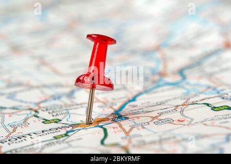 Red pushpin, thumbtack, pin showing the location, travel destination ...