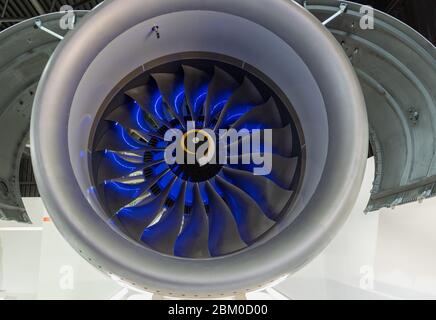 engine front-fan blades and spinner of an IAE V2527-A5 jet-engine on an ...