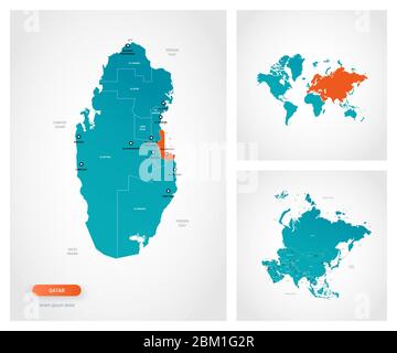 Editable template of map of Qatar with marks. Qatar on world map and on Asia map Stock Vector ...