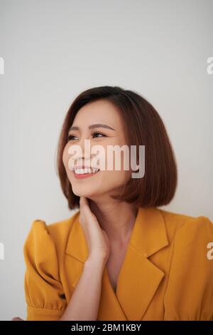Laughing of asian beautiful positive thinking women with short hair on ...