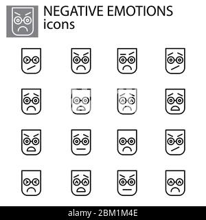 negative emotions set vector linear female, girl icon. Negative facial ...