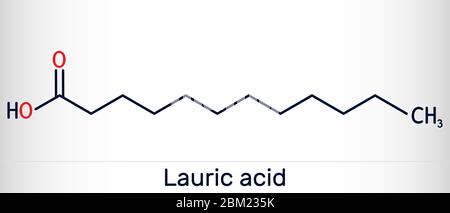 Lauric acid, dodecanoic acid, C12H24O2 molecule. It is a saturated ...