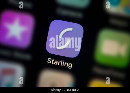 The Starling Bank logo is seen on an LED screen in the background while ...