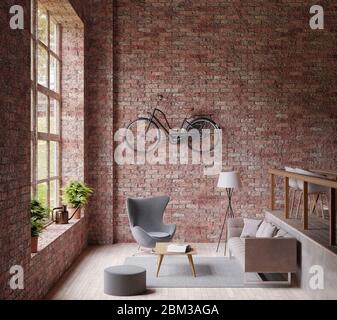 Interior of stylish living room with bicycle, chest of drawers, table ...