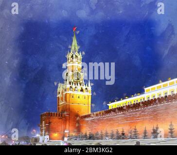 An artistic city view of Red Square in Moscow in woodcut style ...