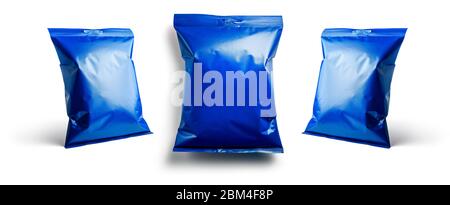 Blank white pouch packaging with blue stripes is lying on a white ...