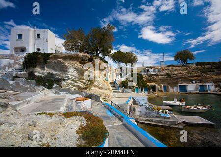 Boat houses in the Milos island, Cyclades, Greece Stock Photo - Alamy