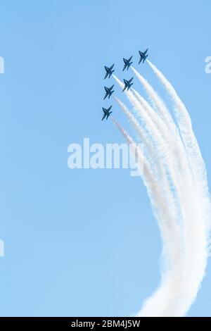 Dallas, USA. 6th May, 2020. A formation of the Blue Angels fly over ...