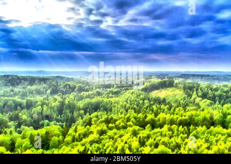 Aerial view on forest plain with sunset sky colorful painting looks ...