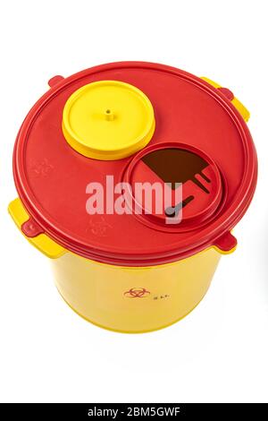 A sharps disposal bin to safely discard used syringes and lancets is ...