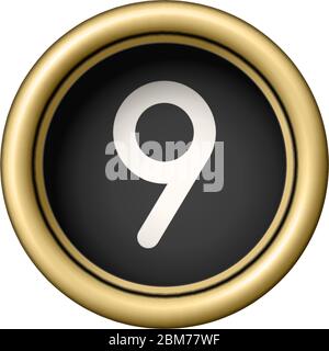 Number 9. Vintage golden typewriter button NINE isolated on white ...