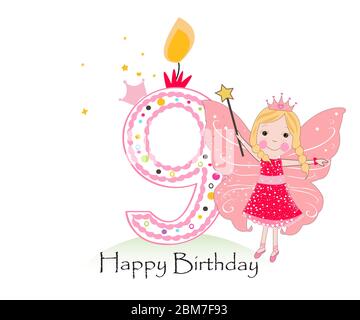 Happy ninth birthday candle. Girl greeting card with cute fairy tale ...