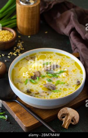 Mushroom Soup on dark stone table. Healthy vegan dish. Autumn soup ...