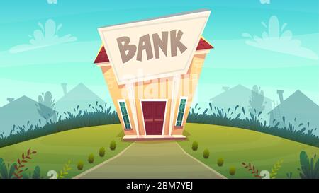 cartoon bank branch at city street illustration . happy financial ...