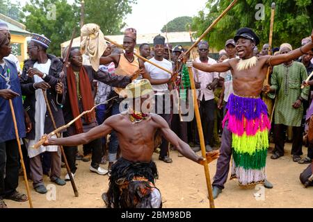 Young Fulani men fighting in a Sharo festival. Sharo is a Fulani ...