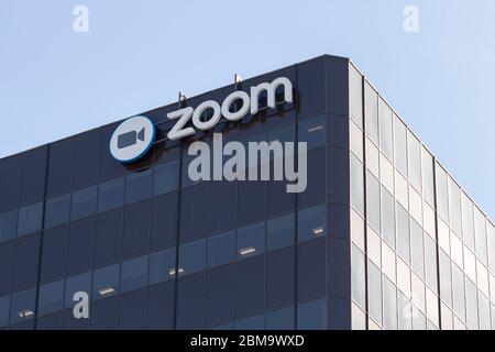 The Zoom logo is seen at the American videoconferencing technology ...