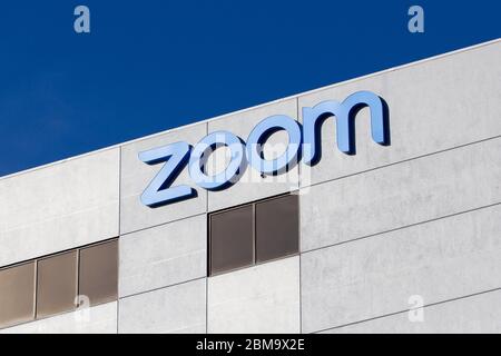 The Zoom logo is seen at the American videoconferencing technology ...