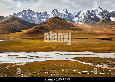 A beautiful view of a small lake in front of the houses during the ...