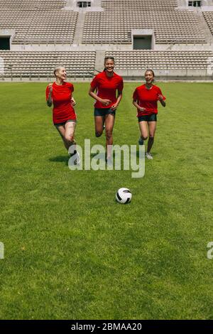 Team of female soccer player practicing soccer at sports field Stock ...