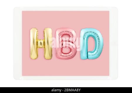 HAPPY BIRTHDAY abbreviation HBD made of colorful inflatable balloons ...
