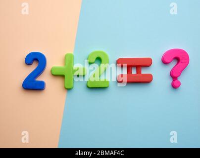Simple math equation 3 plus 2 equals 5. Mathematics learning and school ...