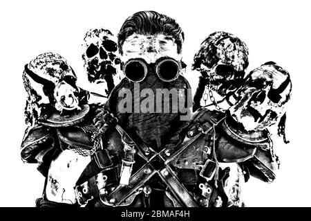 Evil creature wearing tattered rags and gas mask, holding a blood ...