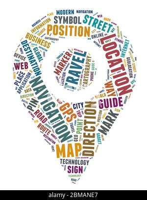 Location pointer shape word cloud concept on white background Stock ...